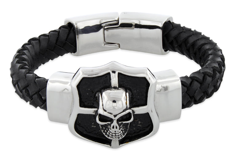 Stainless Steel Crest Shield Skull Leather Bracelet – Badass Jewelry